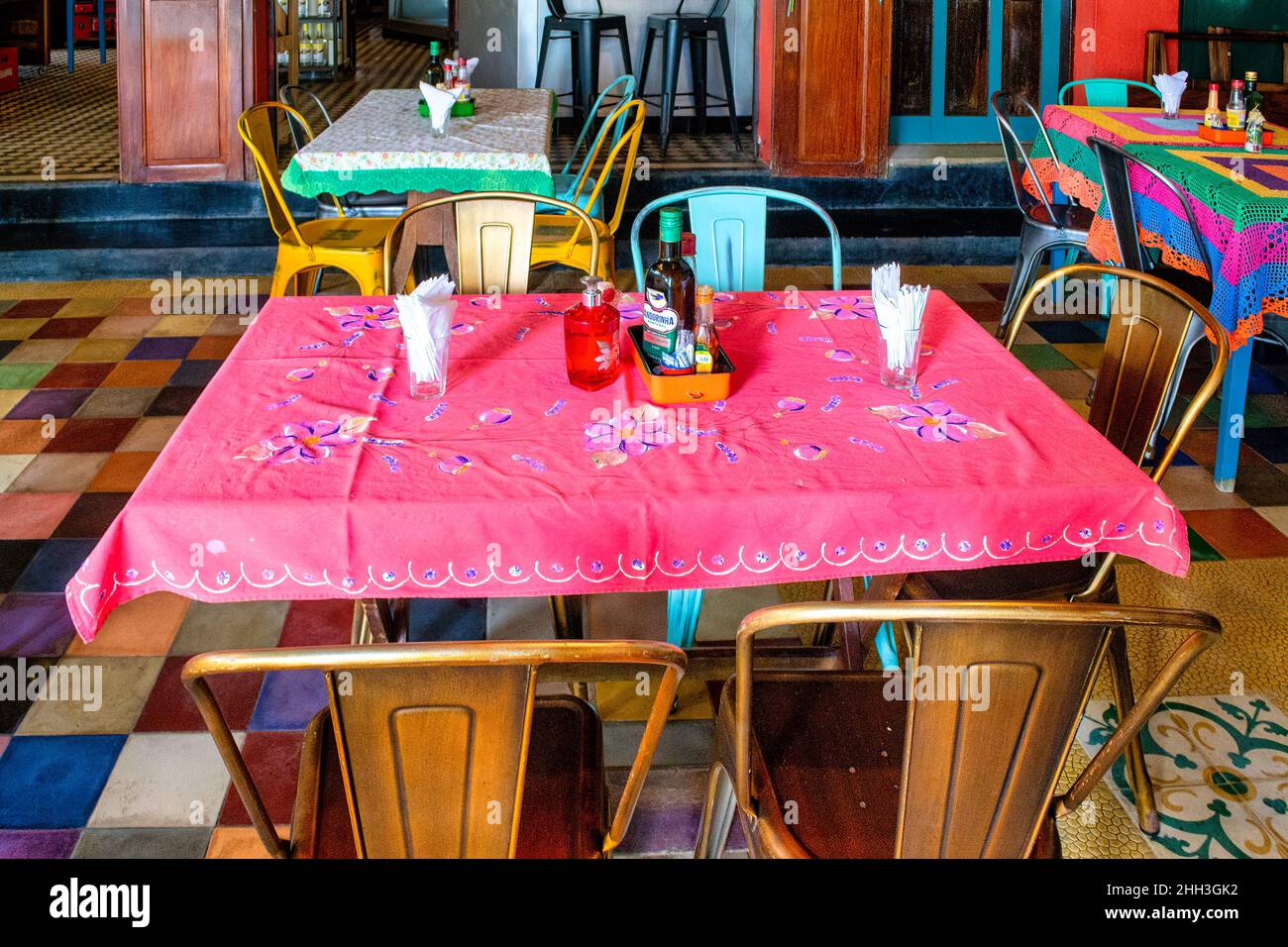 Rustic restaurant tables in private business in Sao Paulo, Brazil Stock ...
