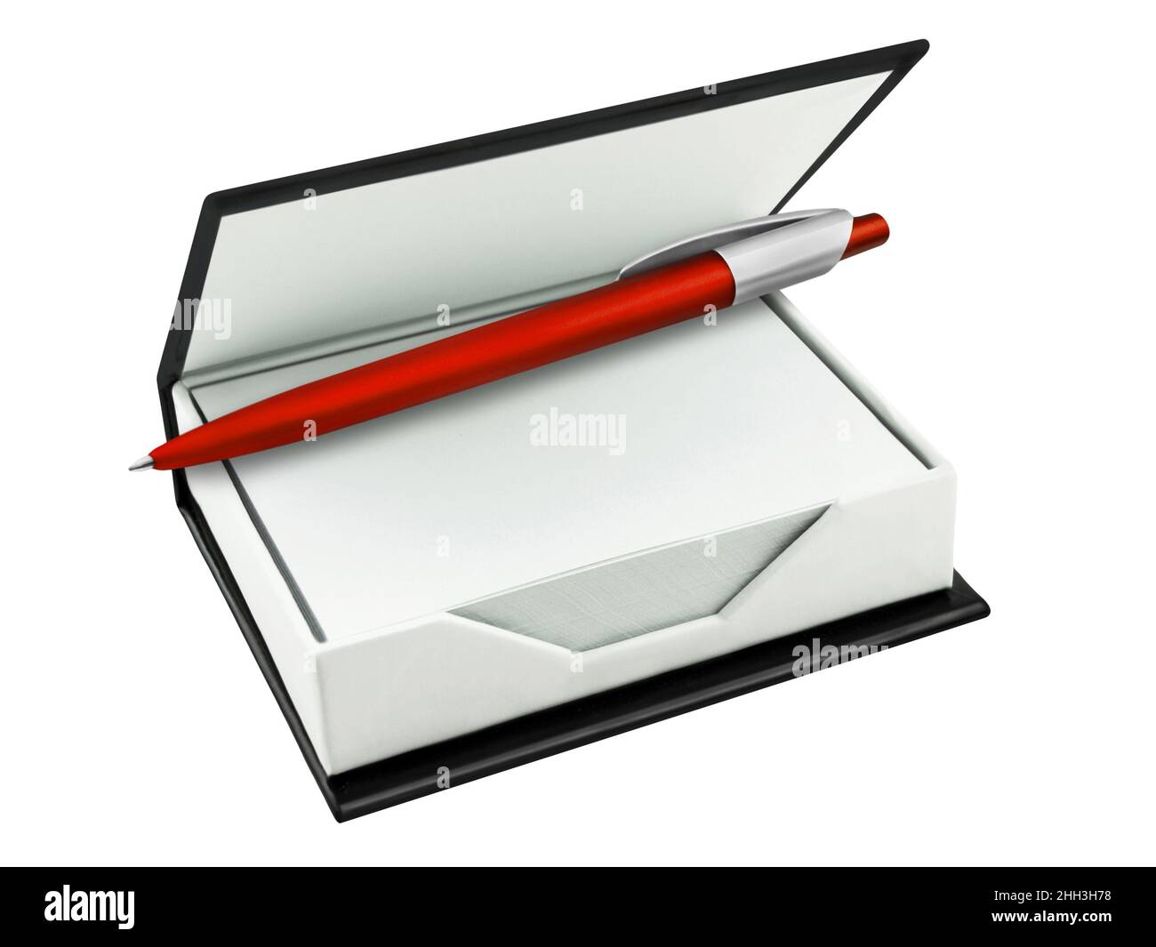 Notepads in a black box and red pencil isolated against white ...