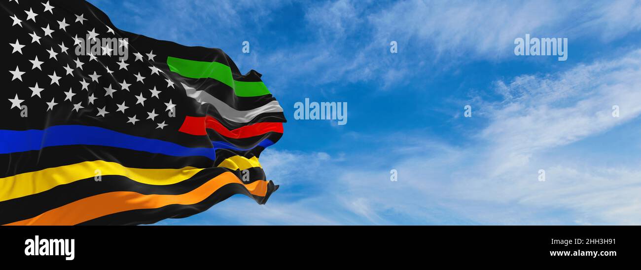 Thin Line First Responder flag waving at cloudy sky background on ...