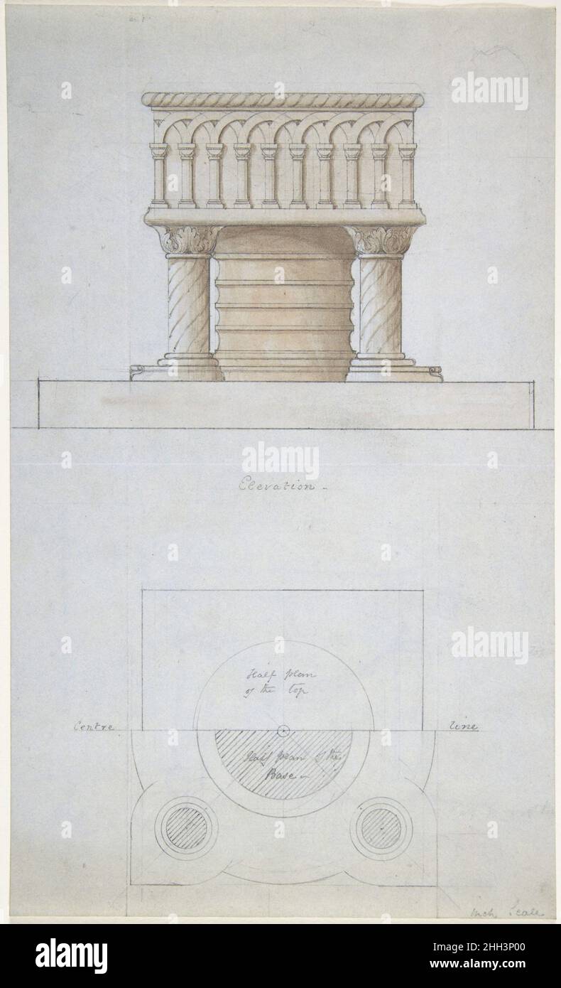 One Font and Plan (recto); Two Romanesque Style Fonts (verso) mid-19th ...