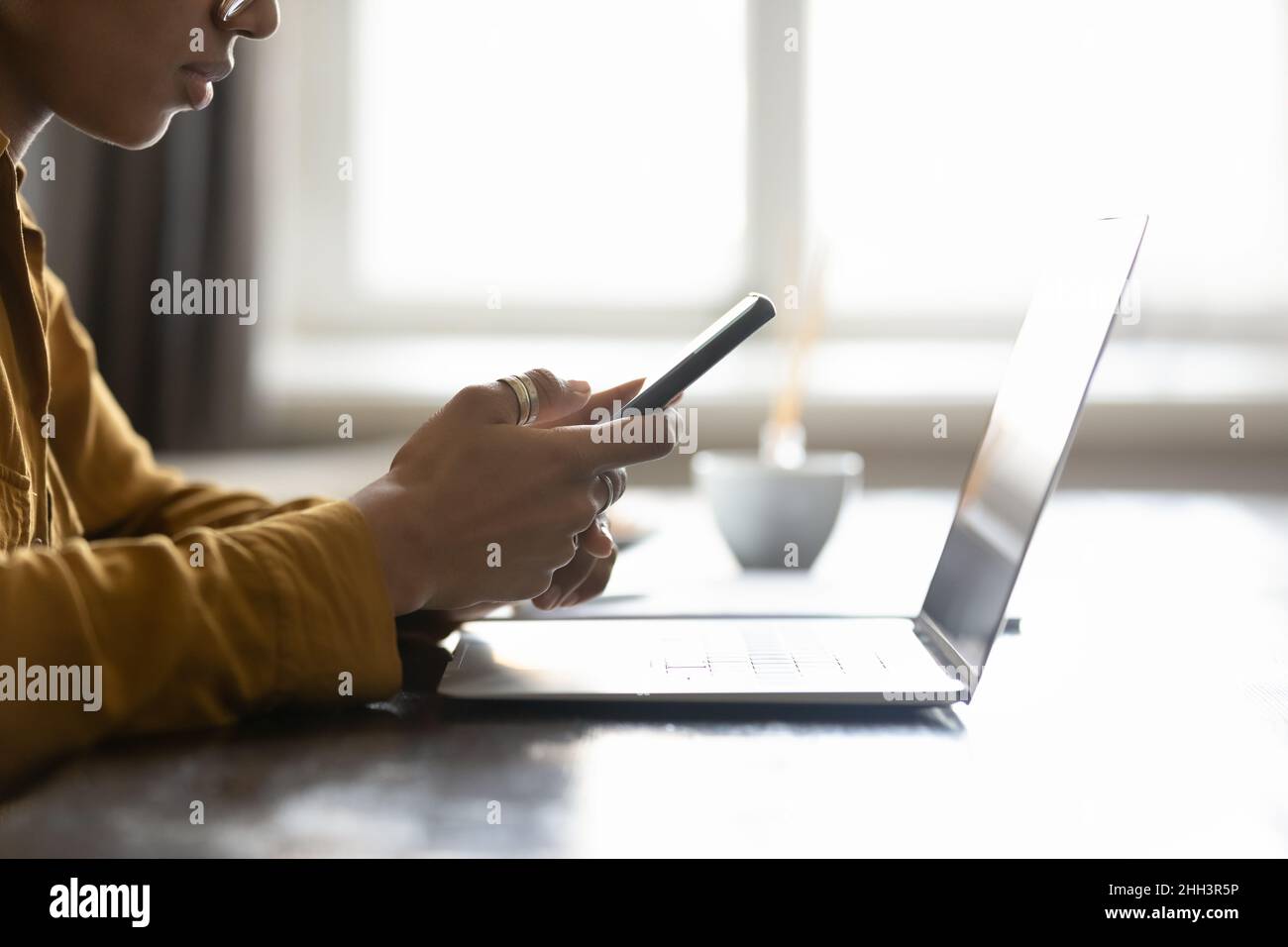 Digital devices on office workplace table of young business woman Stock ...