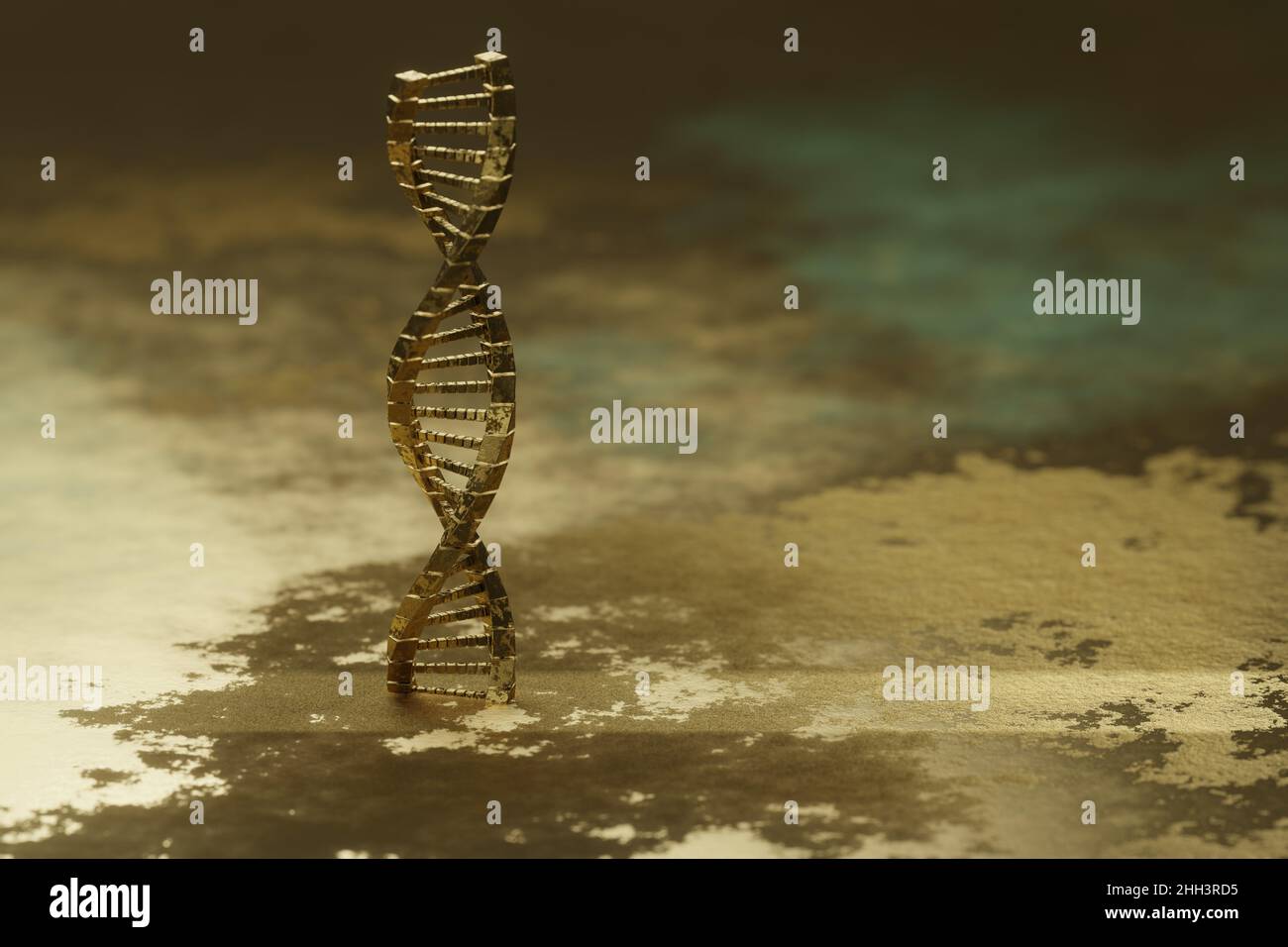 Golden DNA molecule complex spiral structure on a gold background ...