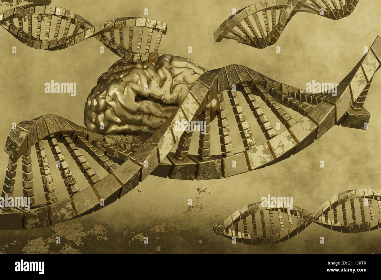 Golden DNA molecule complex spiral structure and brain on a gold ...