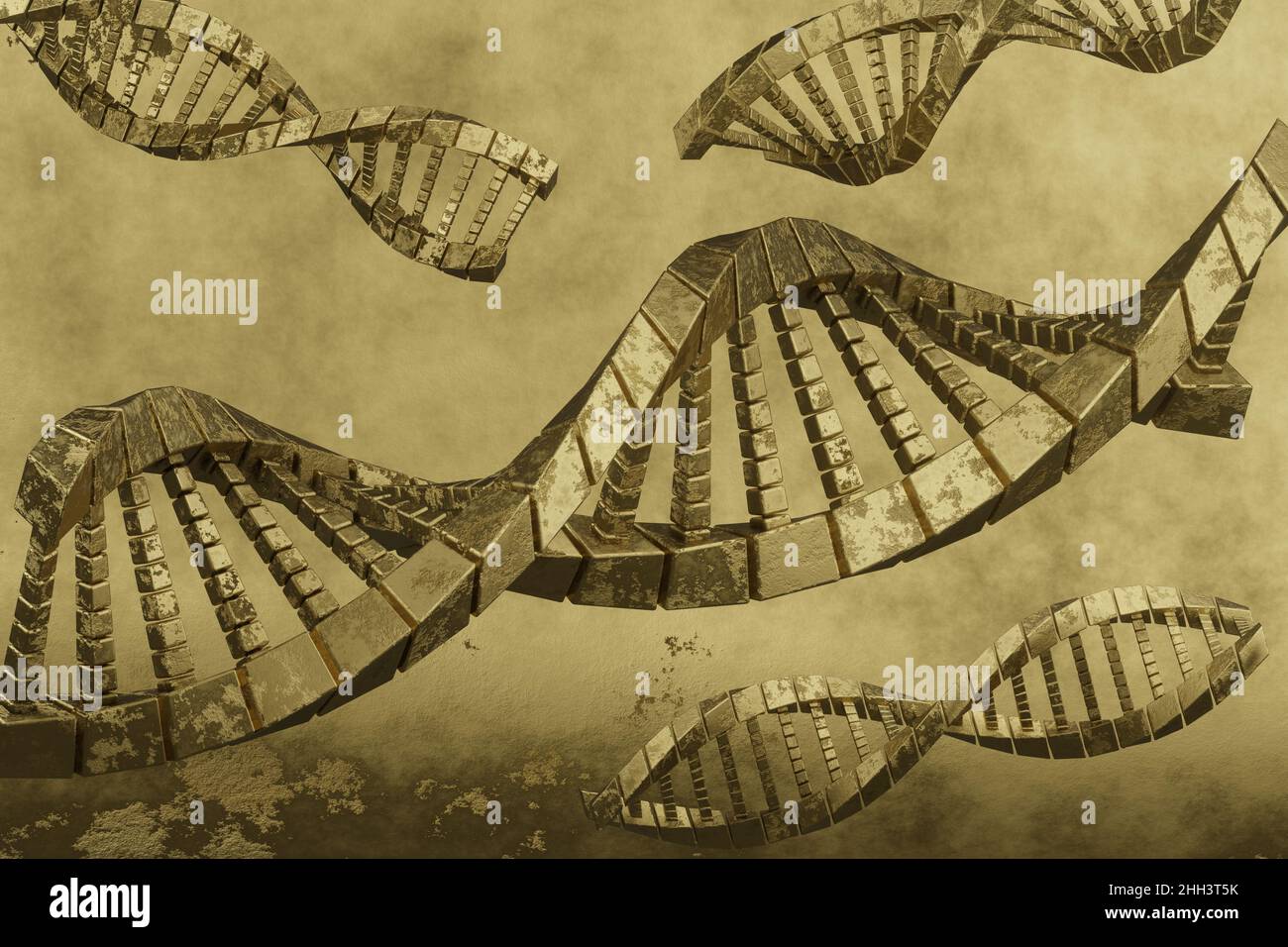 Golden DNA molecule complex spiral structure on a gold background ...