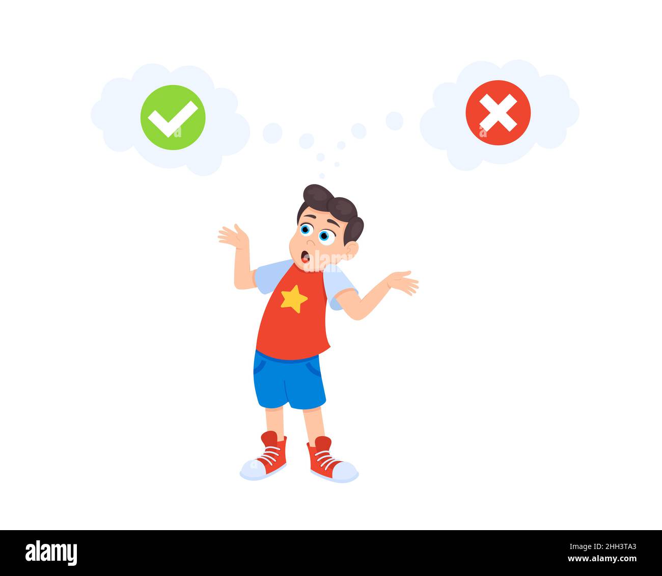Little doubt boy kid between right and wrong check marks flat style ...
