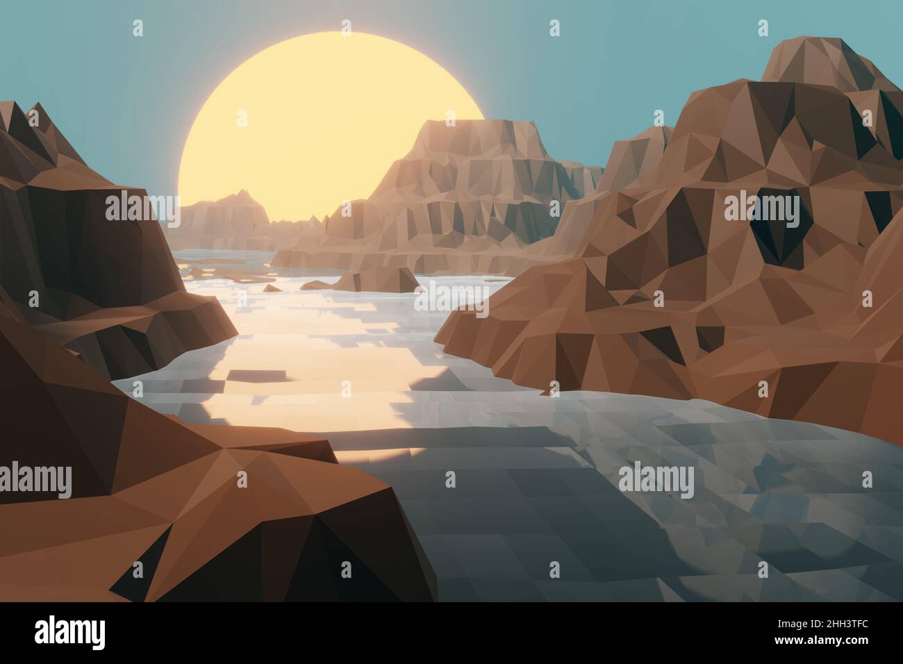 Abstract polygonal Canyon landscape with pond, mountains, sky with ...