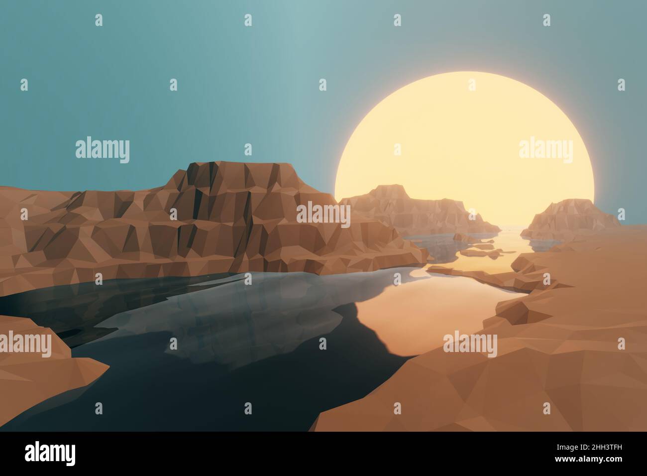 Abstract polygonal Canyon landscape with pond, mountains, sky with ...