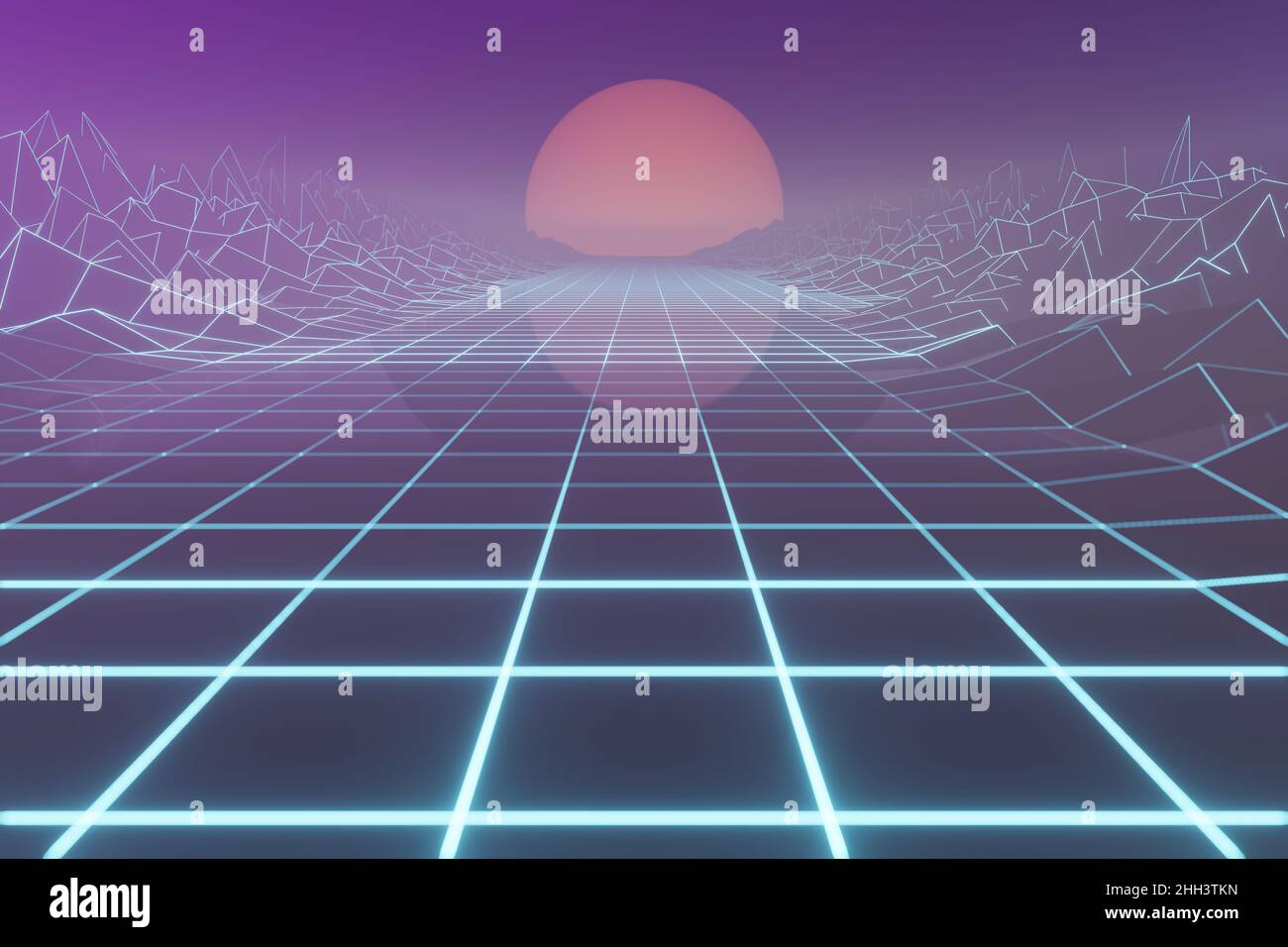 Synthwave wireframe 80s retro background.Retrowave horizon landscape with neon lights and low ...