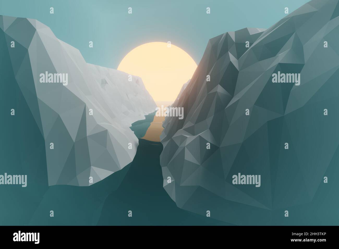 Abstract polygonal glaciers landscape ocean with Sunset. 3d rendering ...