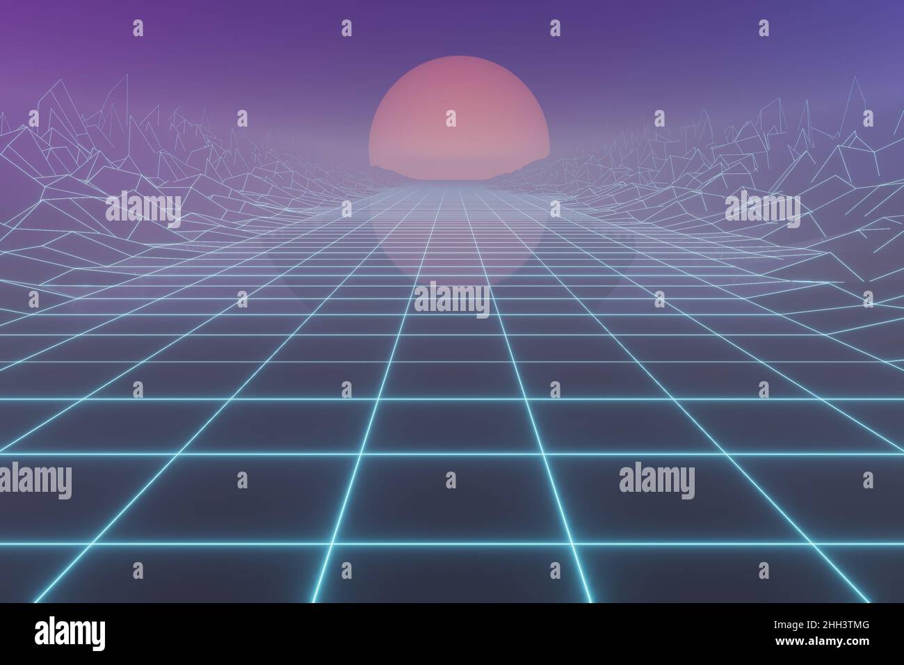 Synthwave wireframe 80s retro background.Retrowave horizon landscape ...