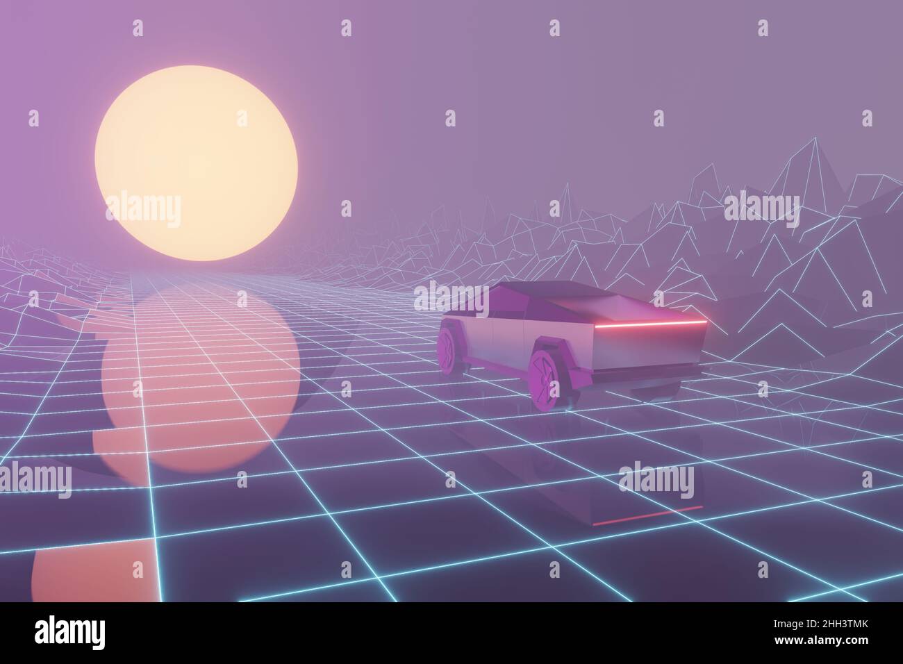 Synthwave wireframe 80s retro background.Retrowave horizon landscape with neon lights and low ...