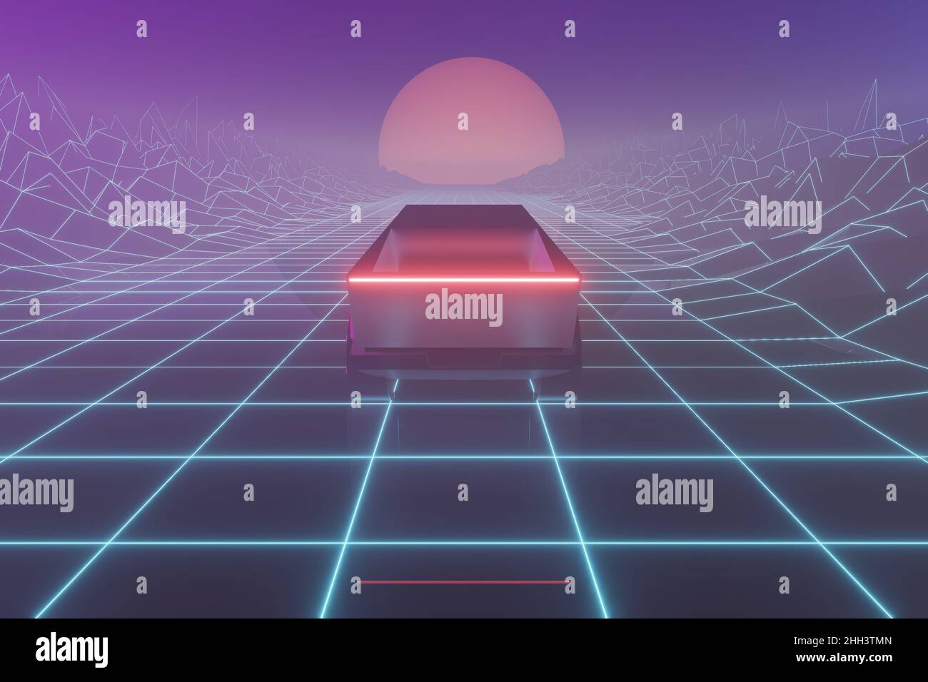 Synthwave wireframe 80s retro background.Retrowave horizon landscape ...