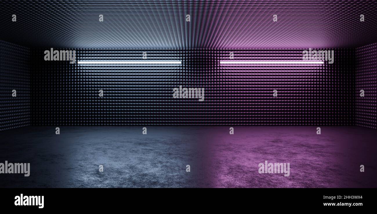 abstract conrete basement hall with metallic walls with neon lighting ...