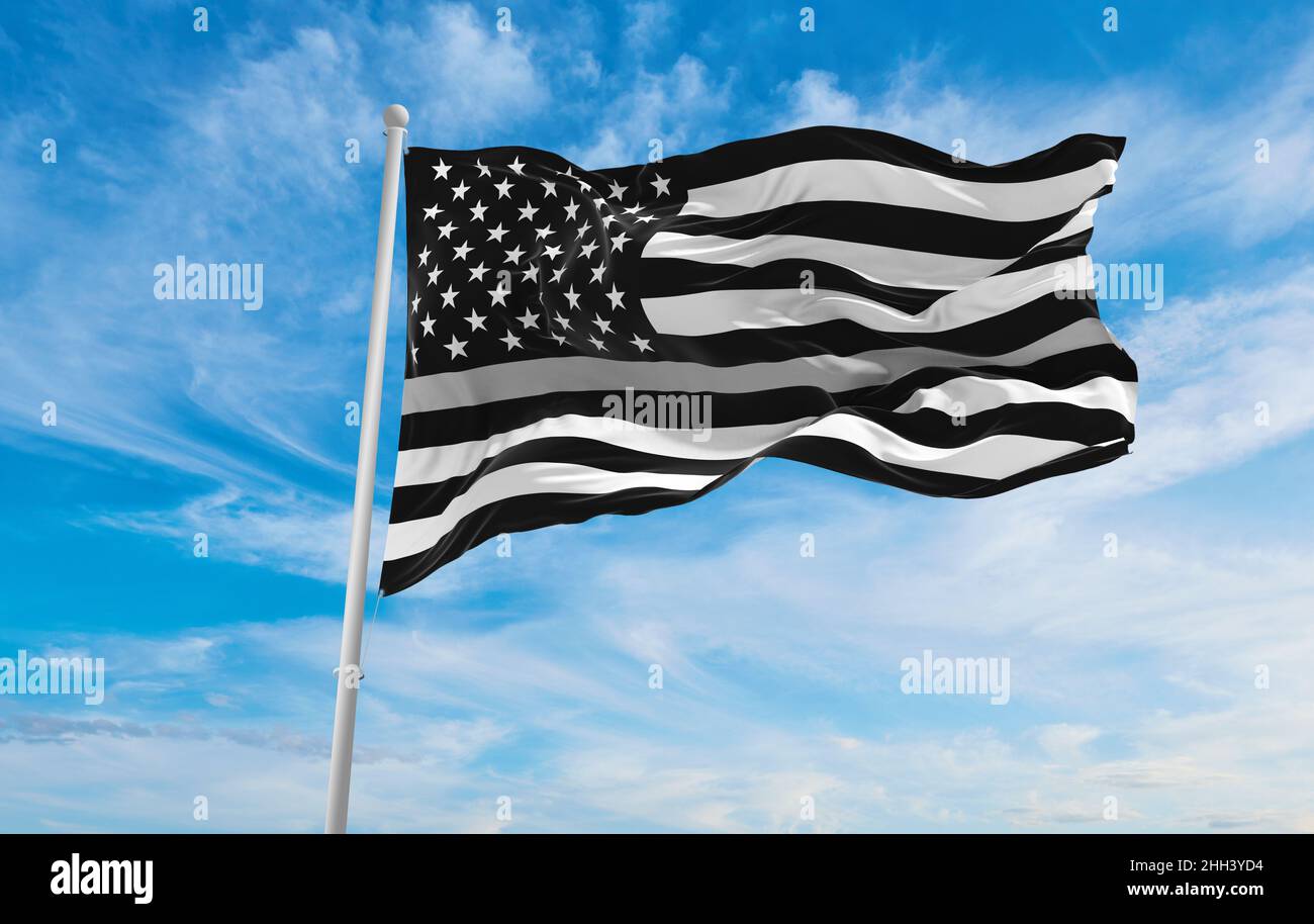 Thin Silver Line USA flag waving at cloudy sky background on sunset ...
