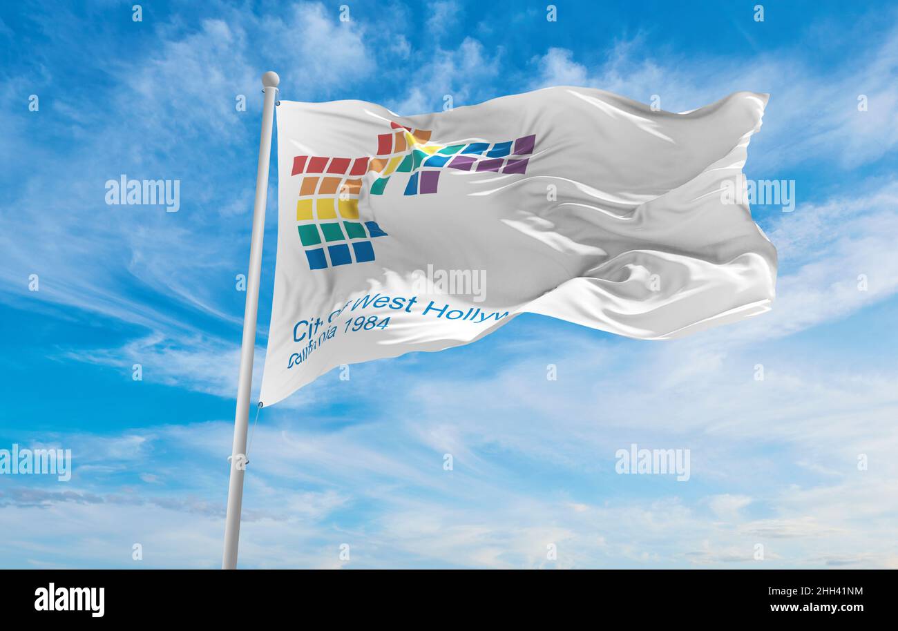 flag of West Hollywood, California at cloudy sky background on sunset ...