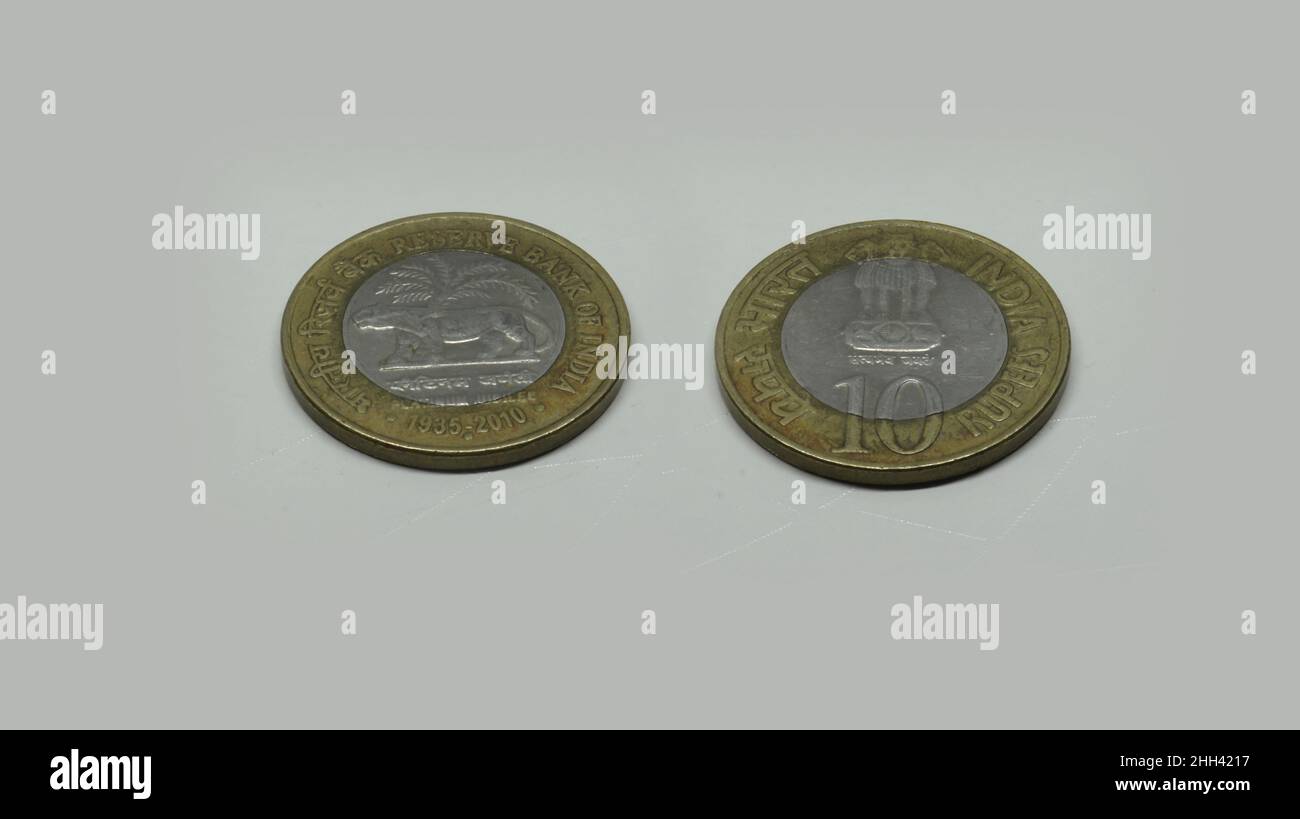 indian 10 rupees coin indian reserve bank of india coin. with white ...