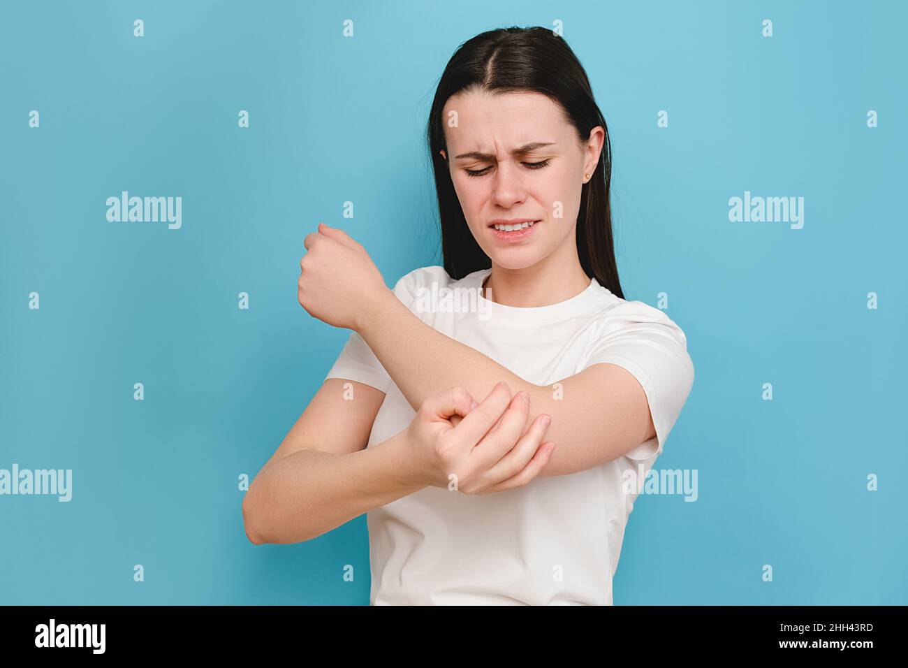 Unhappy sad young caucasian woman 20s old years having pain in his ...