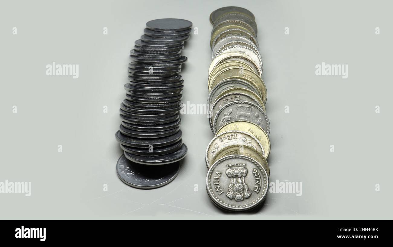 Pile of Indian Rupee Coins. rupee silver coins and five rupees coin ...