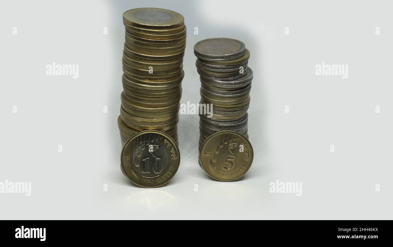 Indian Rupee Coins. ten rupees coins and five rupees coin stacked ...