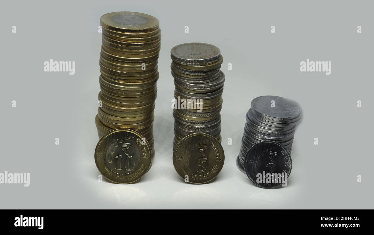 Indian Rupee Coins. ten rupees coins and five rupees coin and two ...