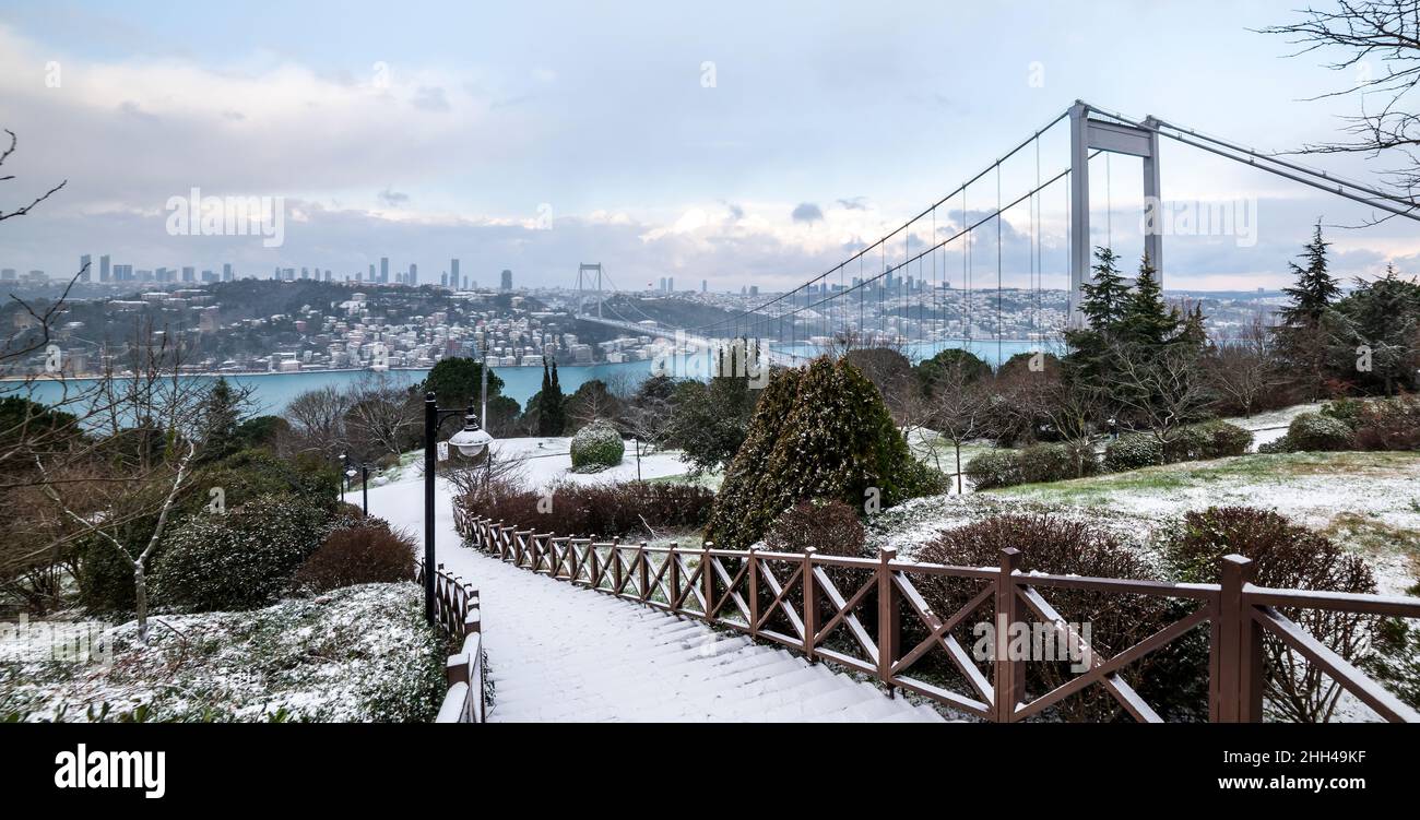 Snowy day in Istanbul, Turkey. View of Fatih Sultan Mehmet Bridge from ...