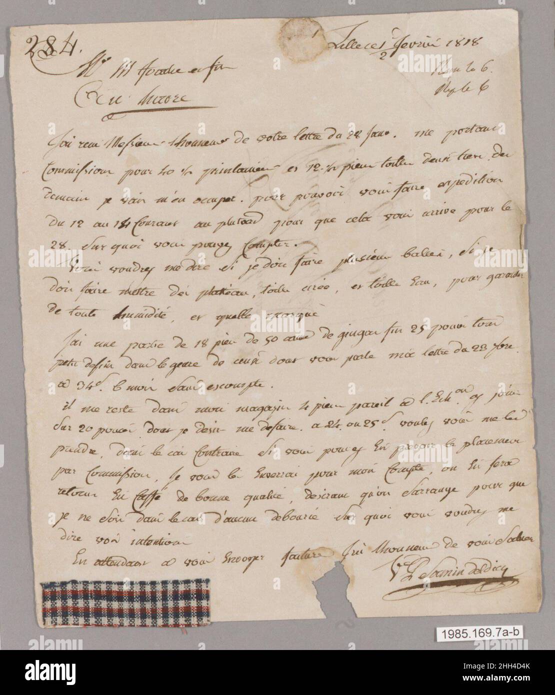 Letter with textile samples late 18th–early 19th century French. Letter ...