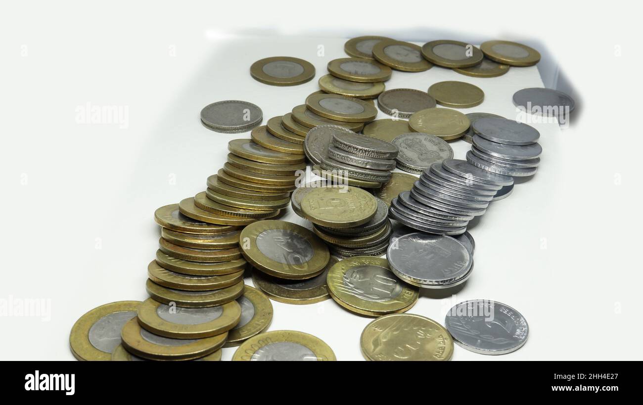 Pile of Indian Rupee Coins. Ten rupee and five rupee coins and silver ...