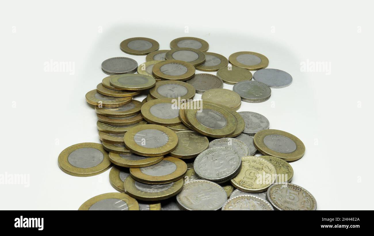 Pile of Indian Rupee Coins. Ten rupee and five rupee coins and silver ...