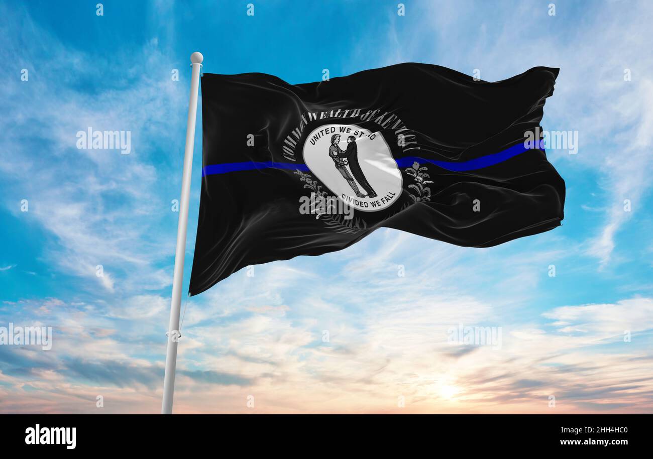 blue line flag of Kentucky state, Usa at cloudy sky background on ...