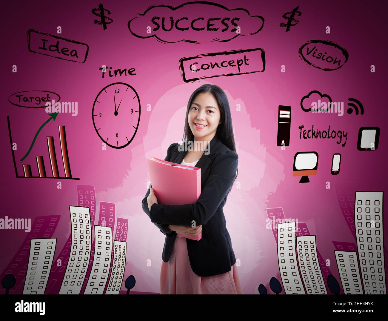 Beautiful woman smiling and holding pink document folder on pink ...