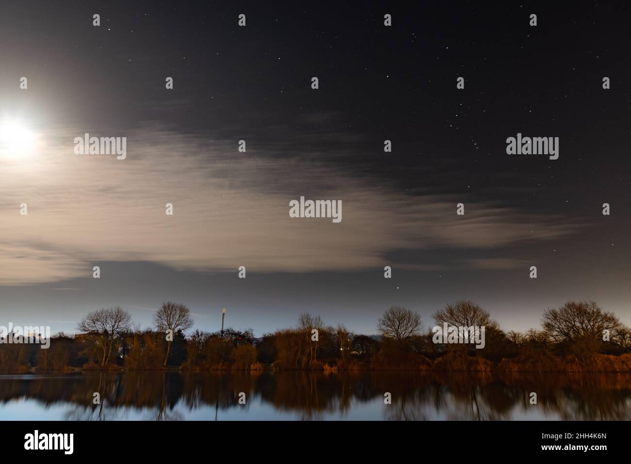 Full moon evening by a lake in a town in England Stock Photo - Alamy