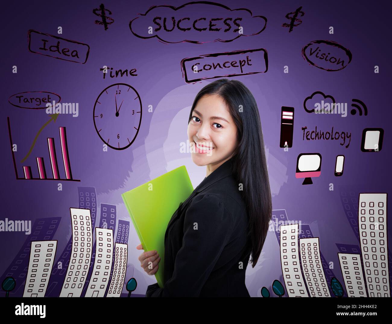 Asian attractive professional female smiling and holding green document ...