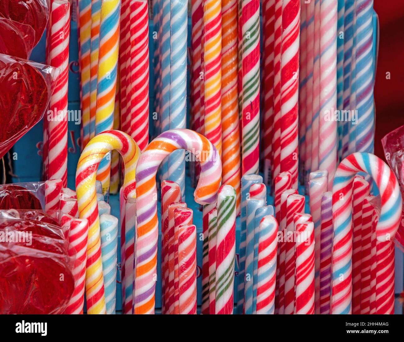 Colorful lollipops candy with stripes sold on fair market stall ...
