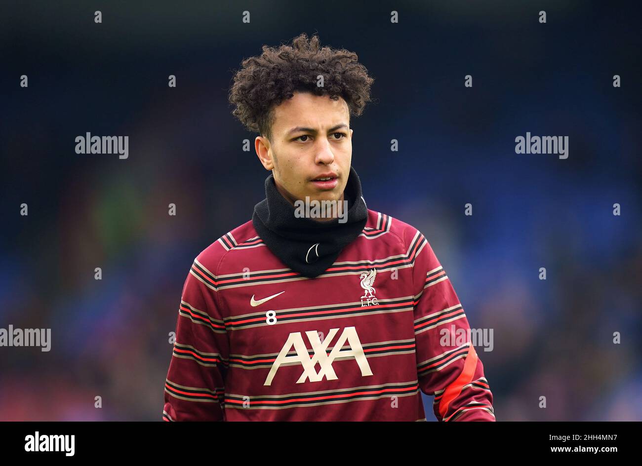 Liverpool's Kaide Gordon warms up before the Premier League match at ...