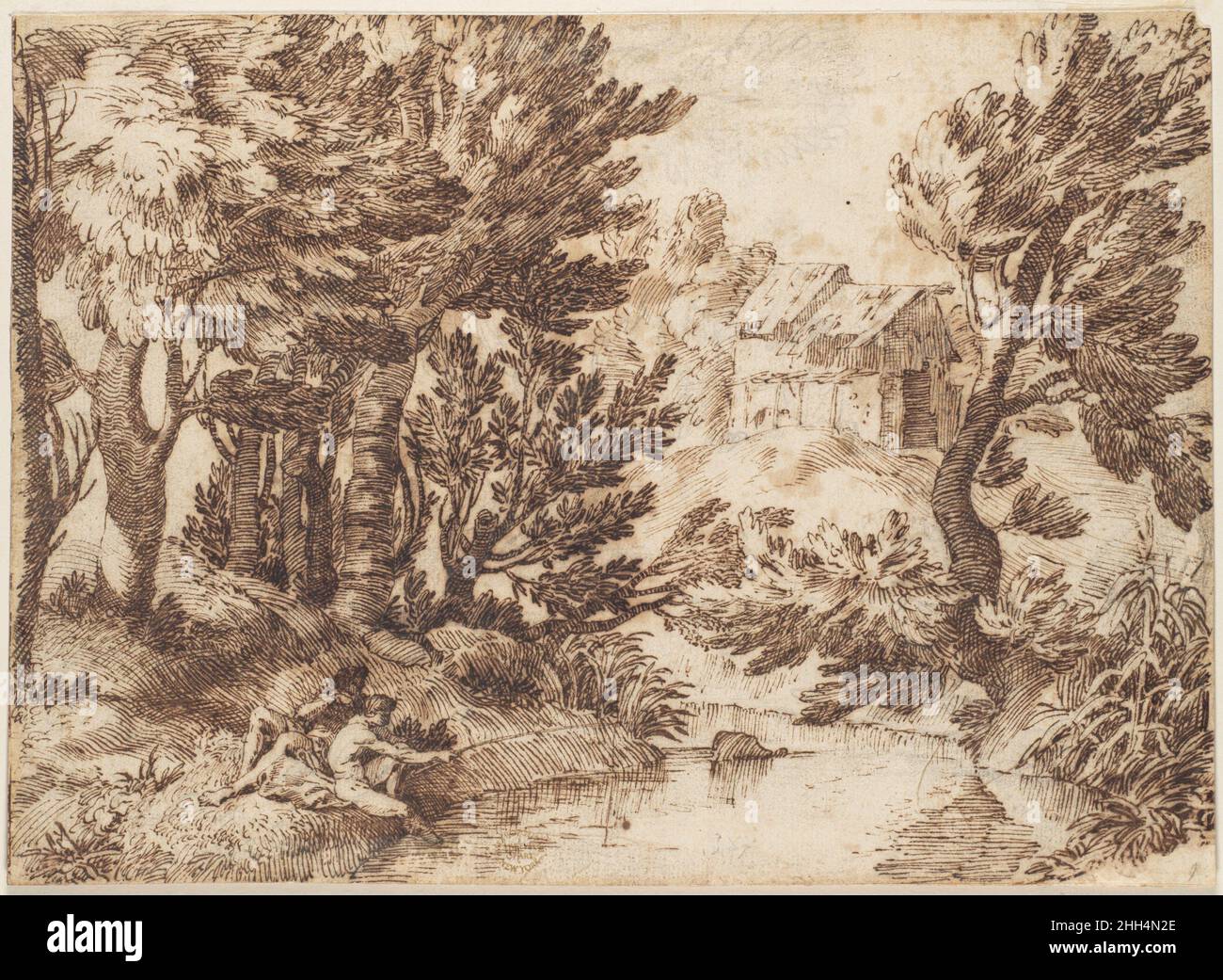 Landscape with Figure Reclining and Figure Fishing 17th century ...