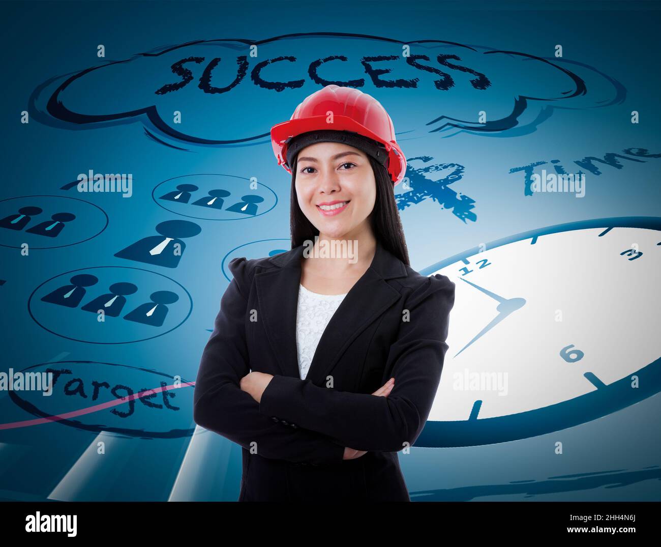 Asian attractive professional female contractor wearing red hard hat on ...
