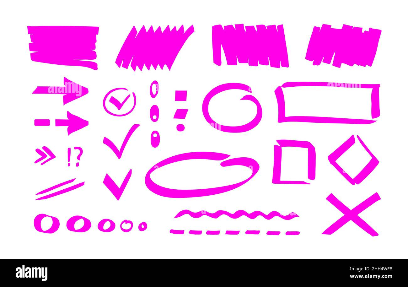 Pink marker highlighter shapes, marks, strokes, pointers, lines. Simple ...