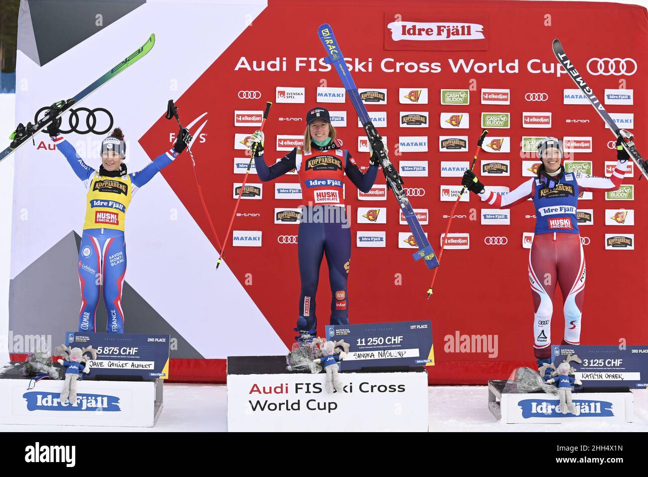 Winner Sandra Naeslund (C) of Sweden, second placed Jade Grillet Aubert ...