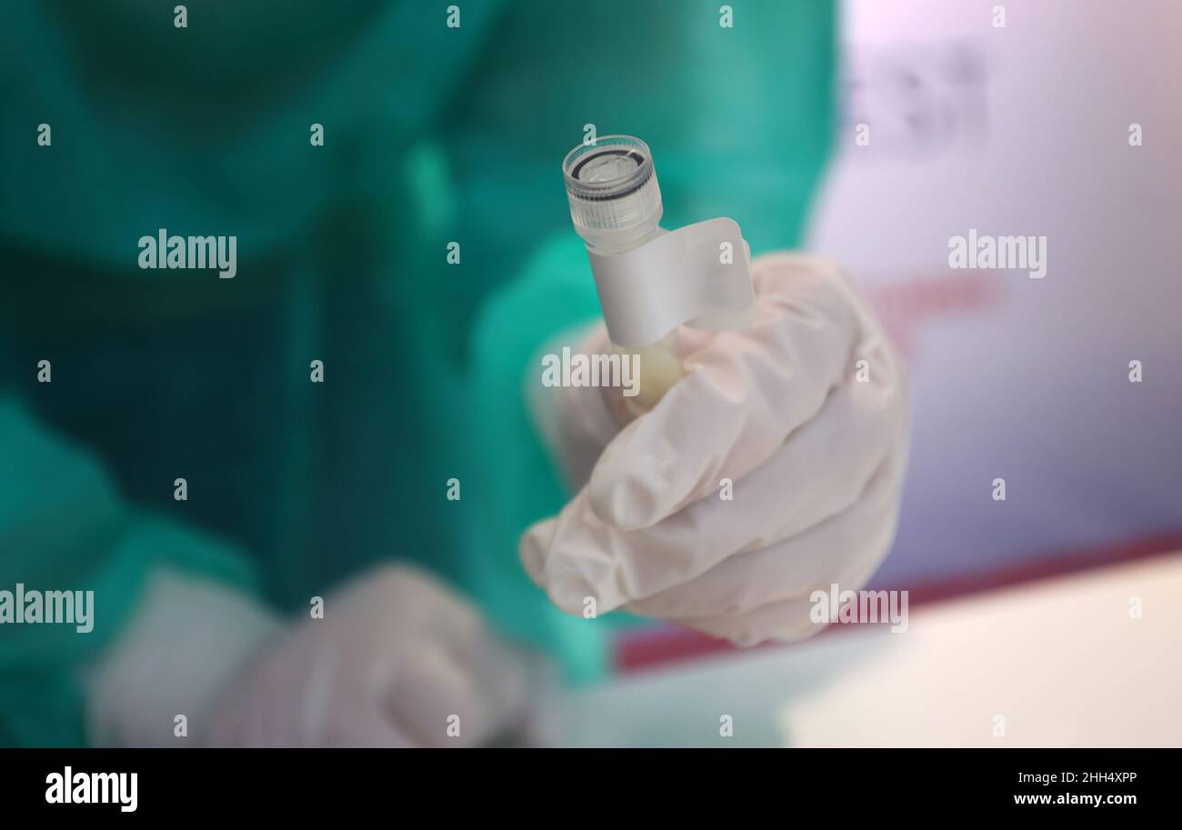 23 January 2022, Bavaria, Munich: A medical assistant holds a tube ...