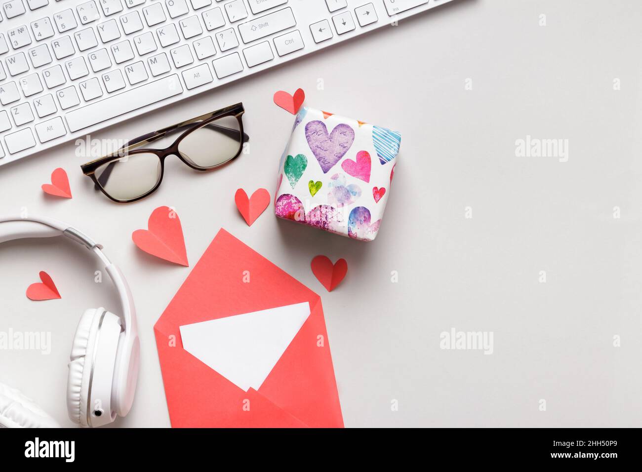Top view desktop for valentine's day. Keyboard envelope with love ...