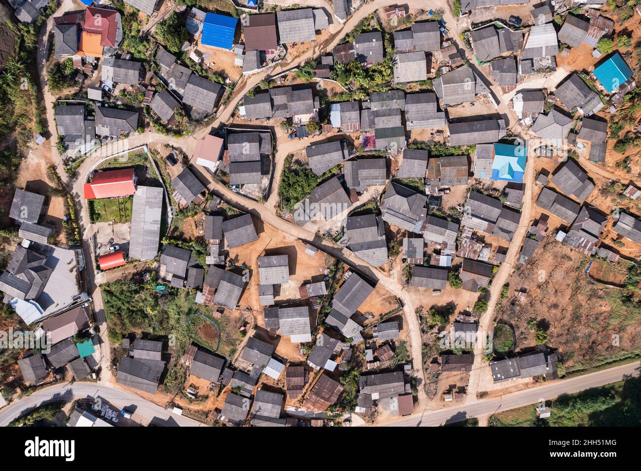 Aerial drone view of neighborhood traditional rural village of tribe ...