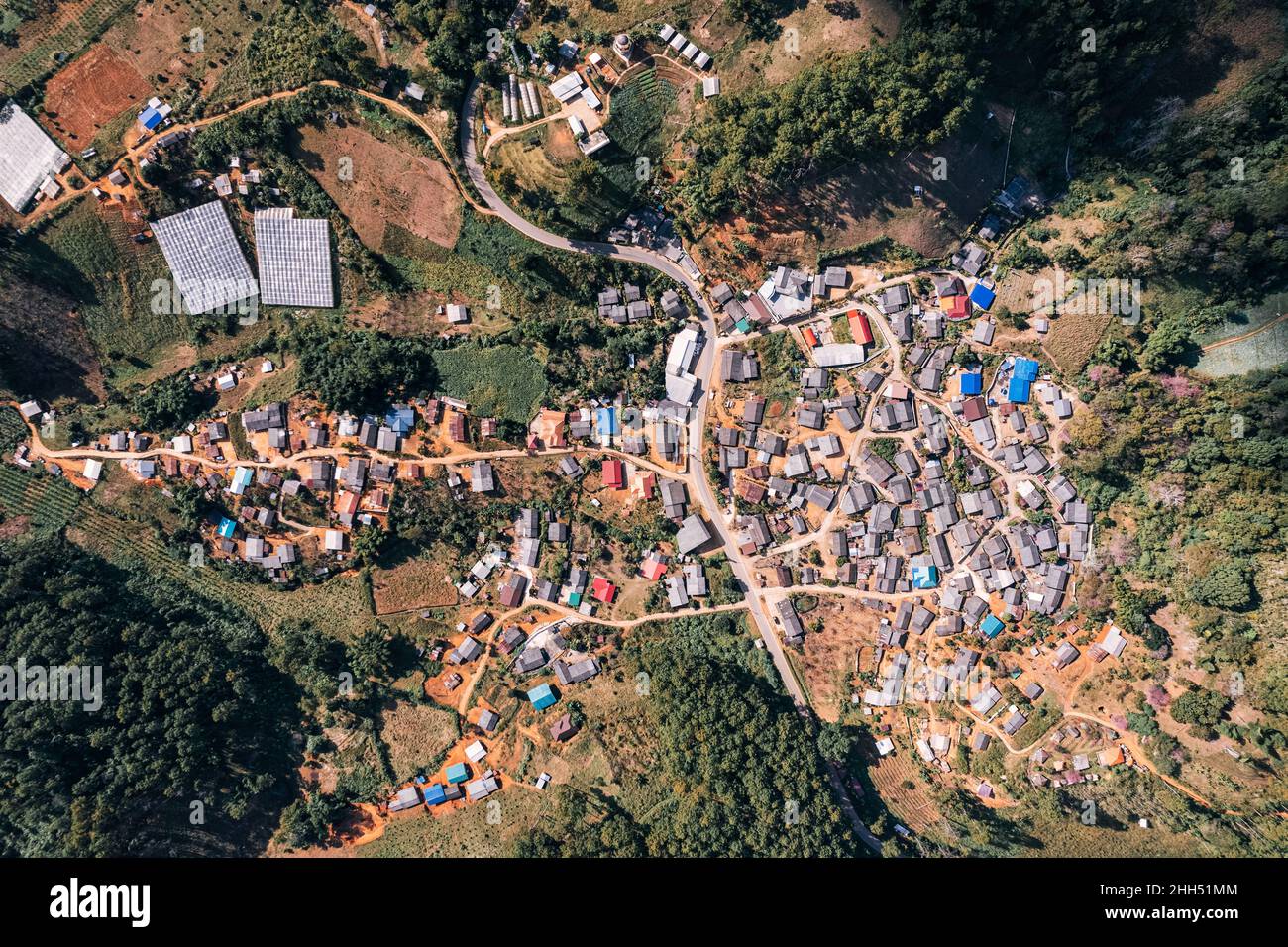 Aerial drone view of neighborhood traditional rural village of tribe ...