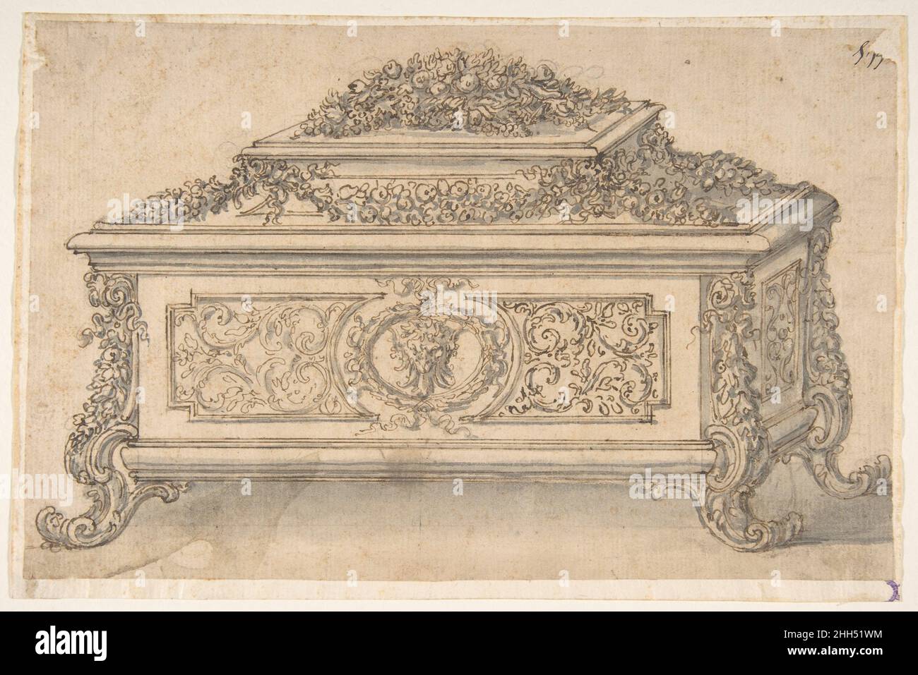 Design for an Casket heavily decorated Foliate Scrolls, Garlands and a ...