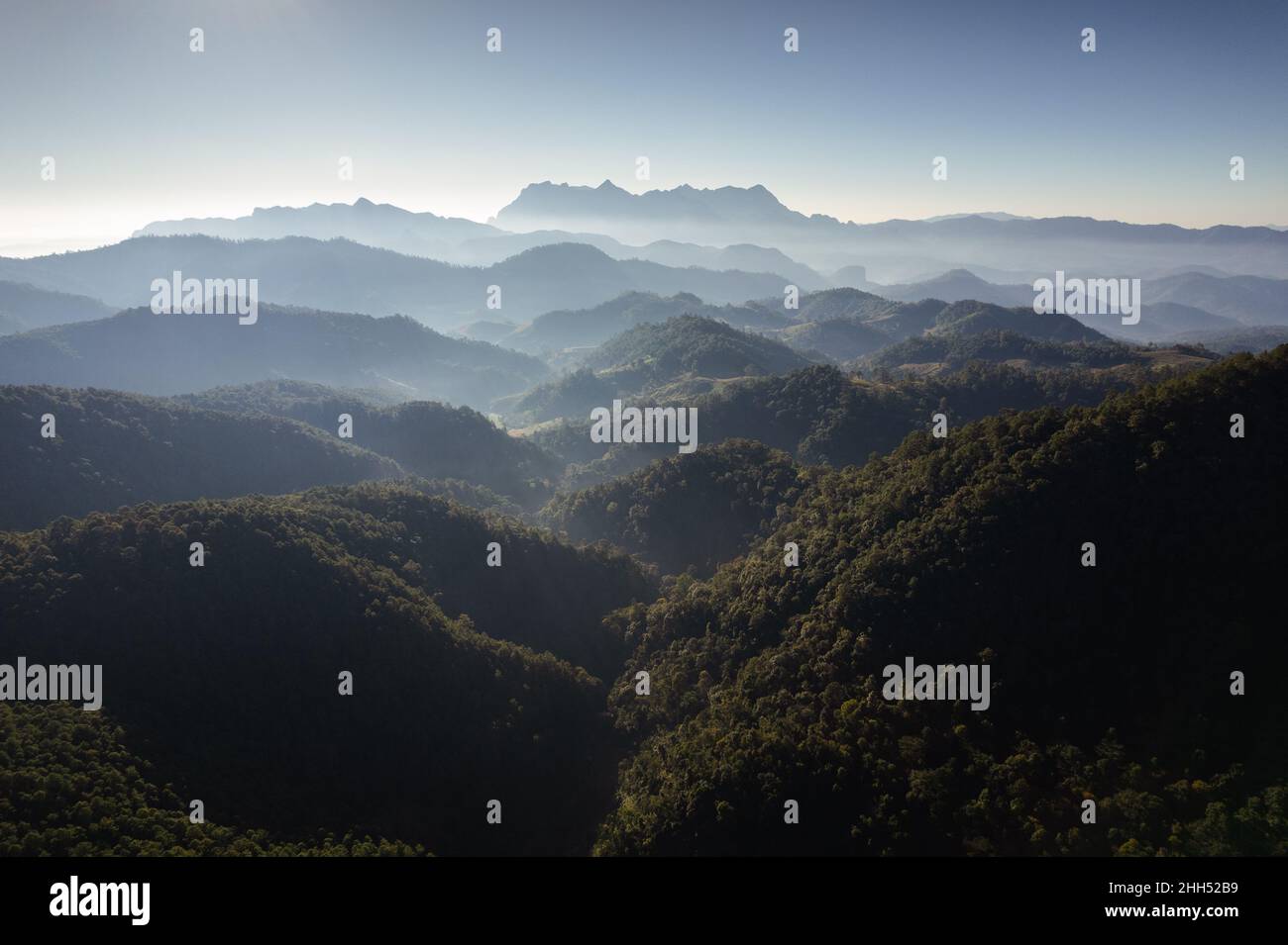 Aerial view of Doi Luang Chiang Dao with mountain layer and fog on ...