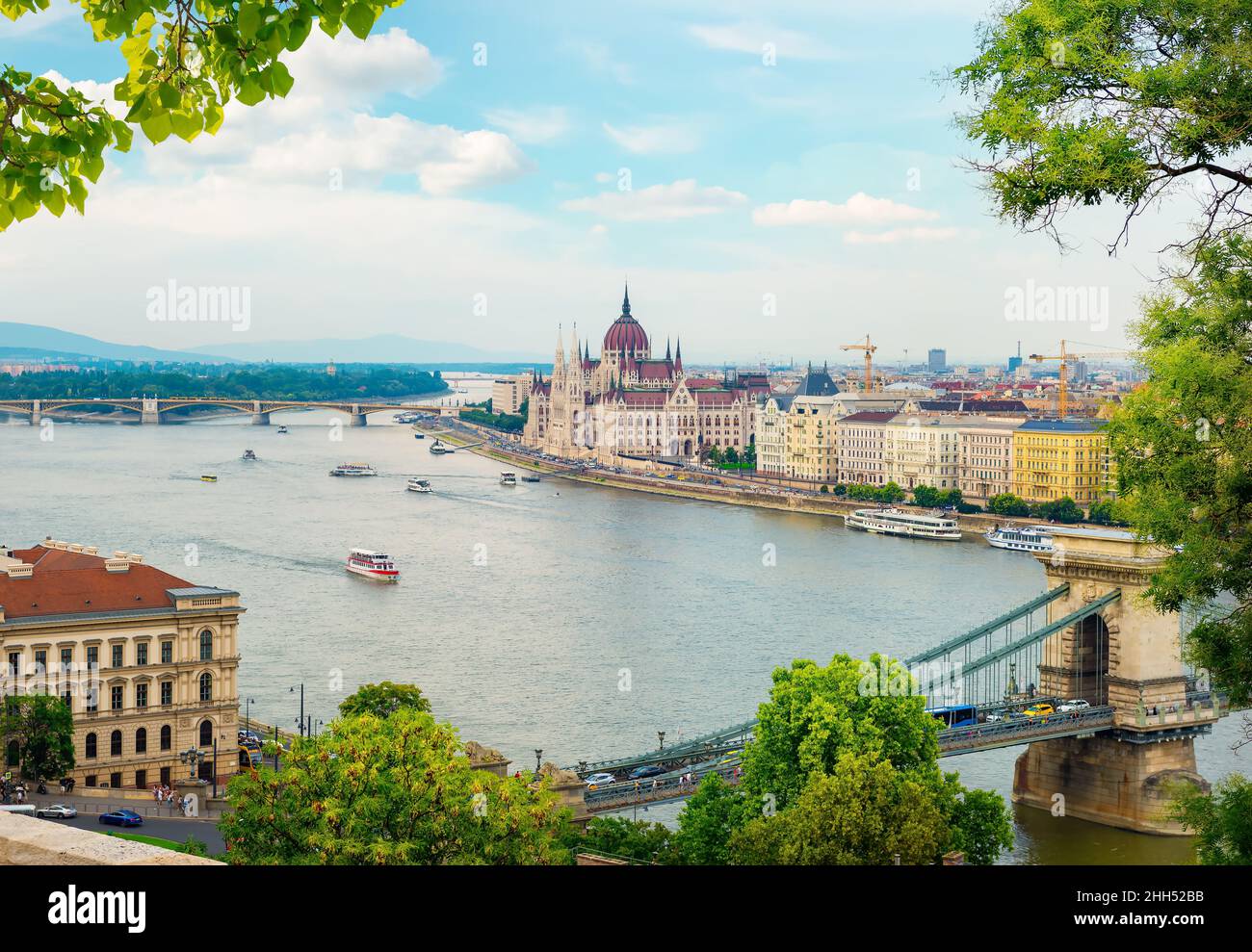 Panoramic view from above on landmarks of Budapest at summer sunset ...