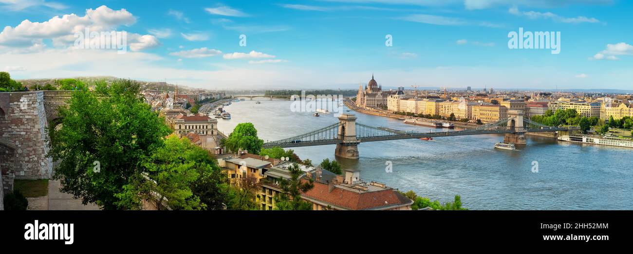 Panoramic view from above on landmarks of Budapest at summer sunset ...
