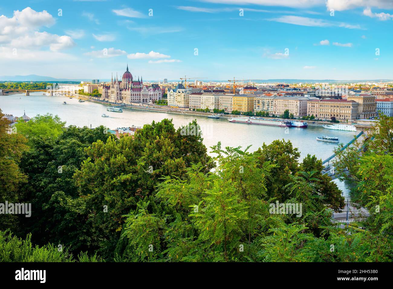 Panoramic view from above on landmarks of Budapest at summer sunset ...