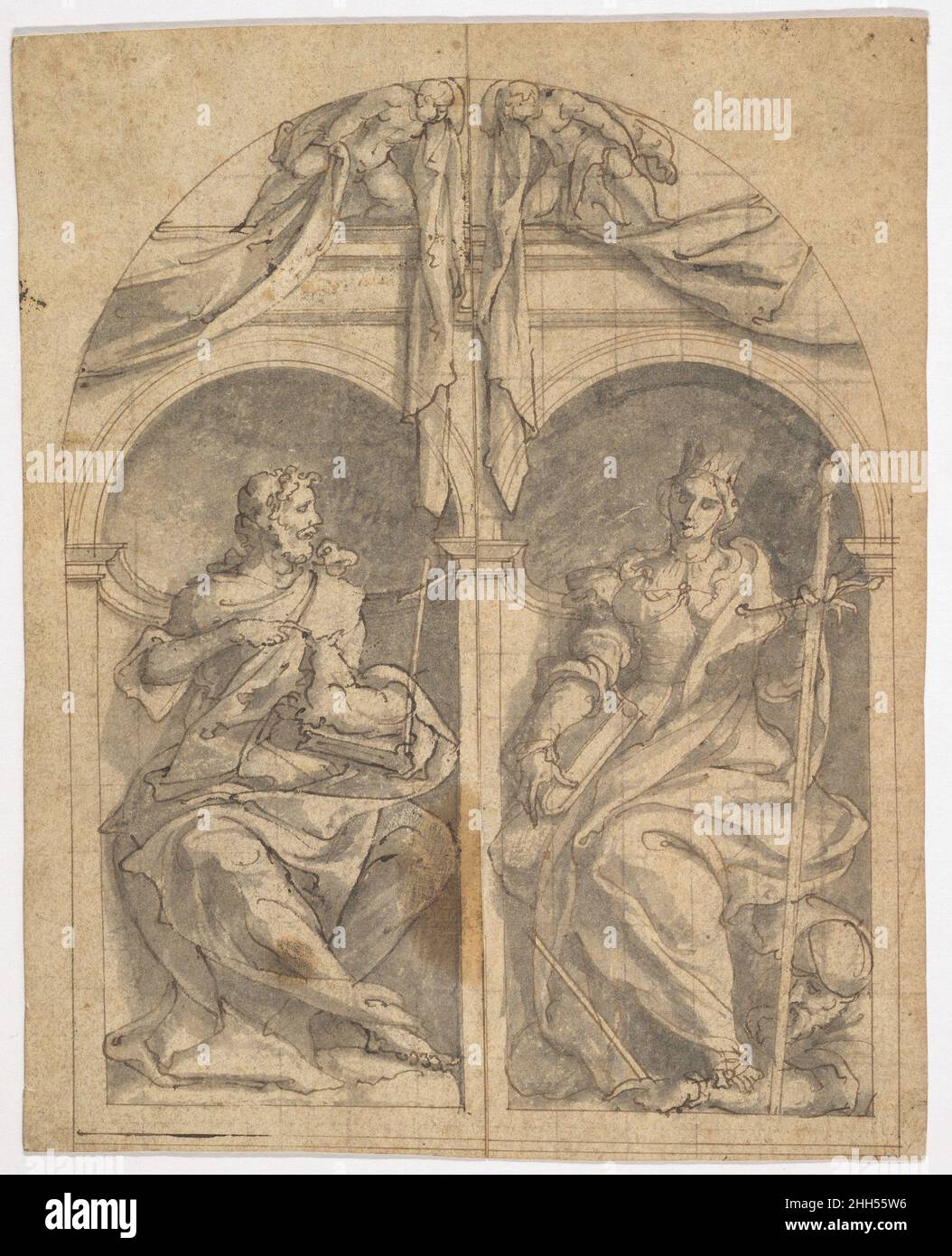 Two Wings of an Altarpiece depicting Saints John the Baptist and Catherine in Niches Surmounted ...