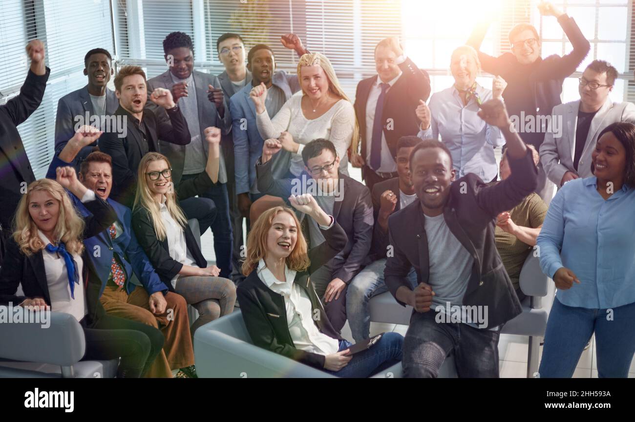 Celebration of business team with enthusiasm with arrms up Stock Photo ...