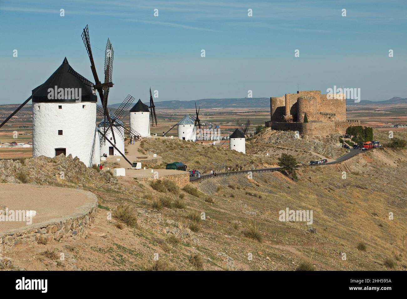 Windmills and castle in Consuegra,Castile–La Mancha,Spain,Europe Stock ...